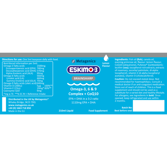 Eskimo®-3 Brainsharp Liquid Pure Omega-3 Fish Oil: 210ml | Metagenics UK